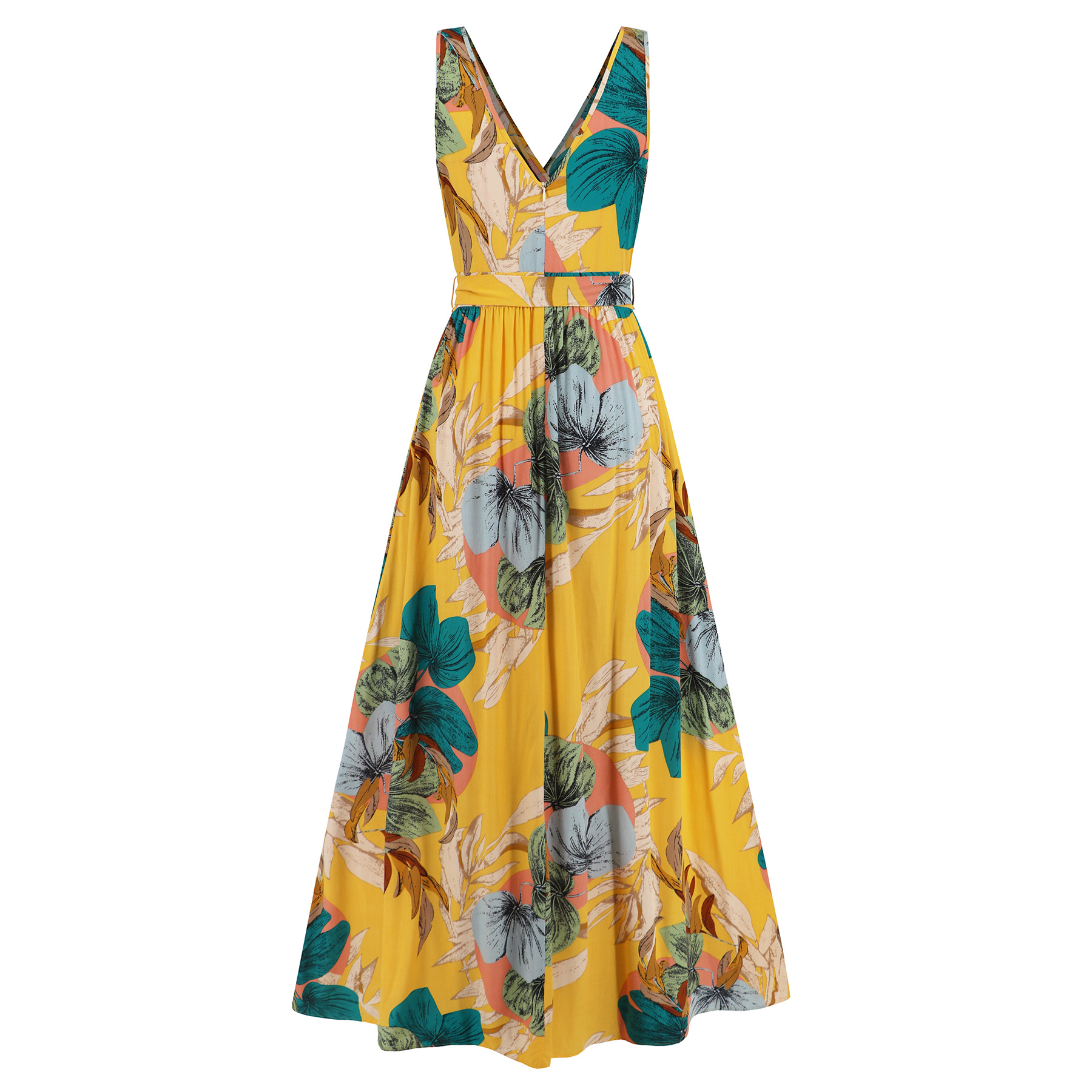 V Neck Floral Print Long Dress Summer Fashion Waist Tie Slit Design