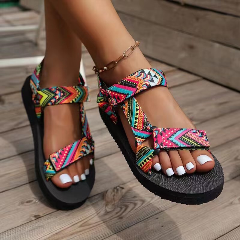 Printed Velcro-design Sandals Summer Ethnic Style Thick Flat Sandals ...