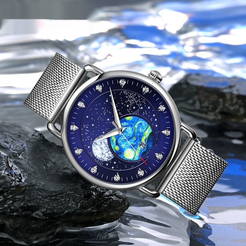 Starry Sky Watch – Mesh Strap, Earth & Moon Dial, Elegant Quartz | eBay